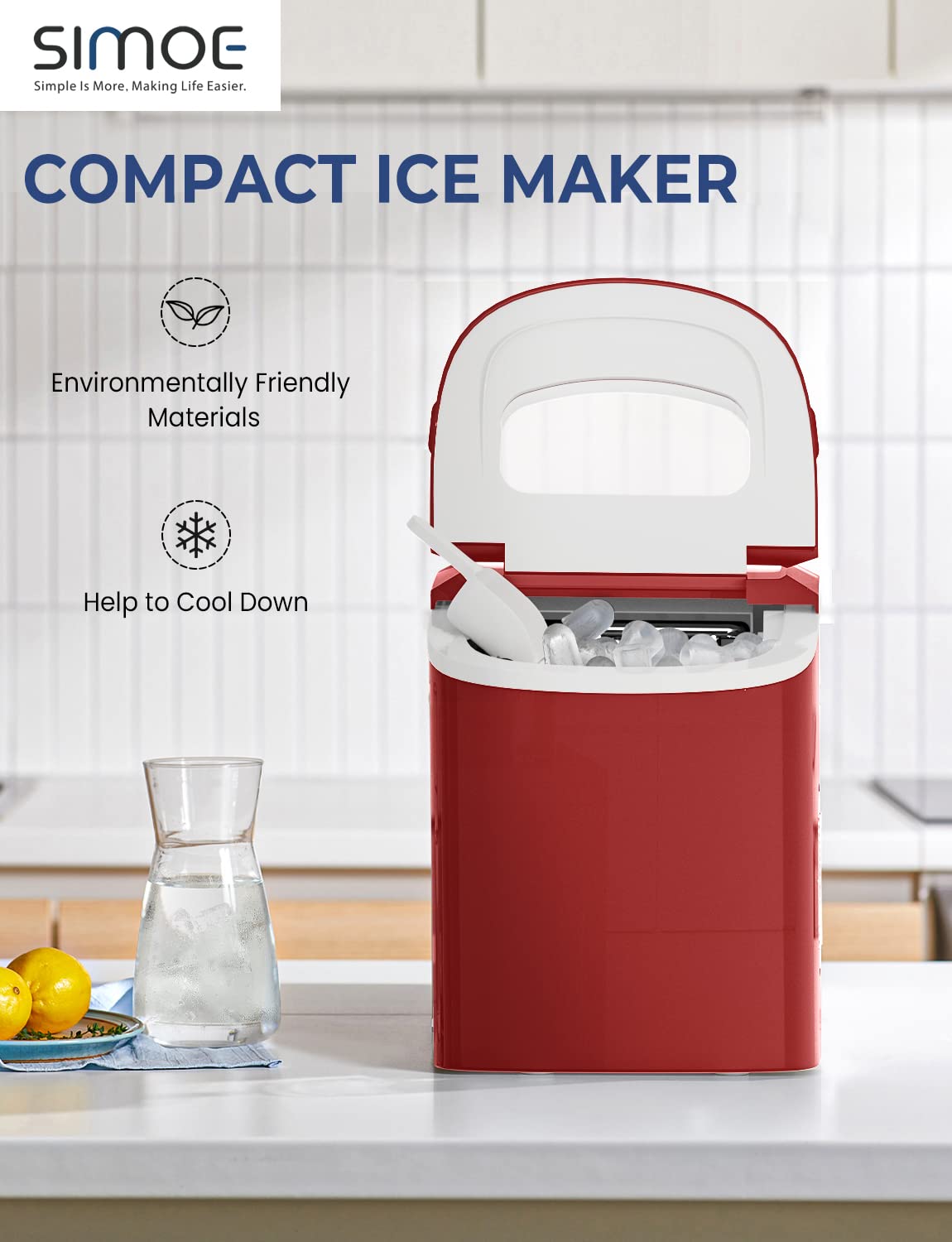 SIMOE Electric Ice Maker Machine for Countertop, 26-1/2 LBS/24 H Ice Making Machine with 9 Ice Cubes Ready in 6 Min, Portable Ice Cube Machine with Scope & Basket (Red)