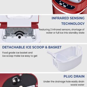 SIMOE Electric Ice Maker Machine for Countertop, 26-1/2 LBS/24 H Ice Making Machine with 9 Ice Cubes Ready in 6 Min, Portable Ice Cube Machine with Scope & Basket (Red)