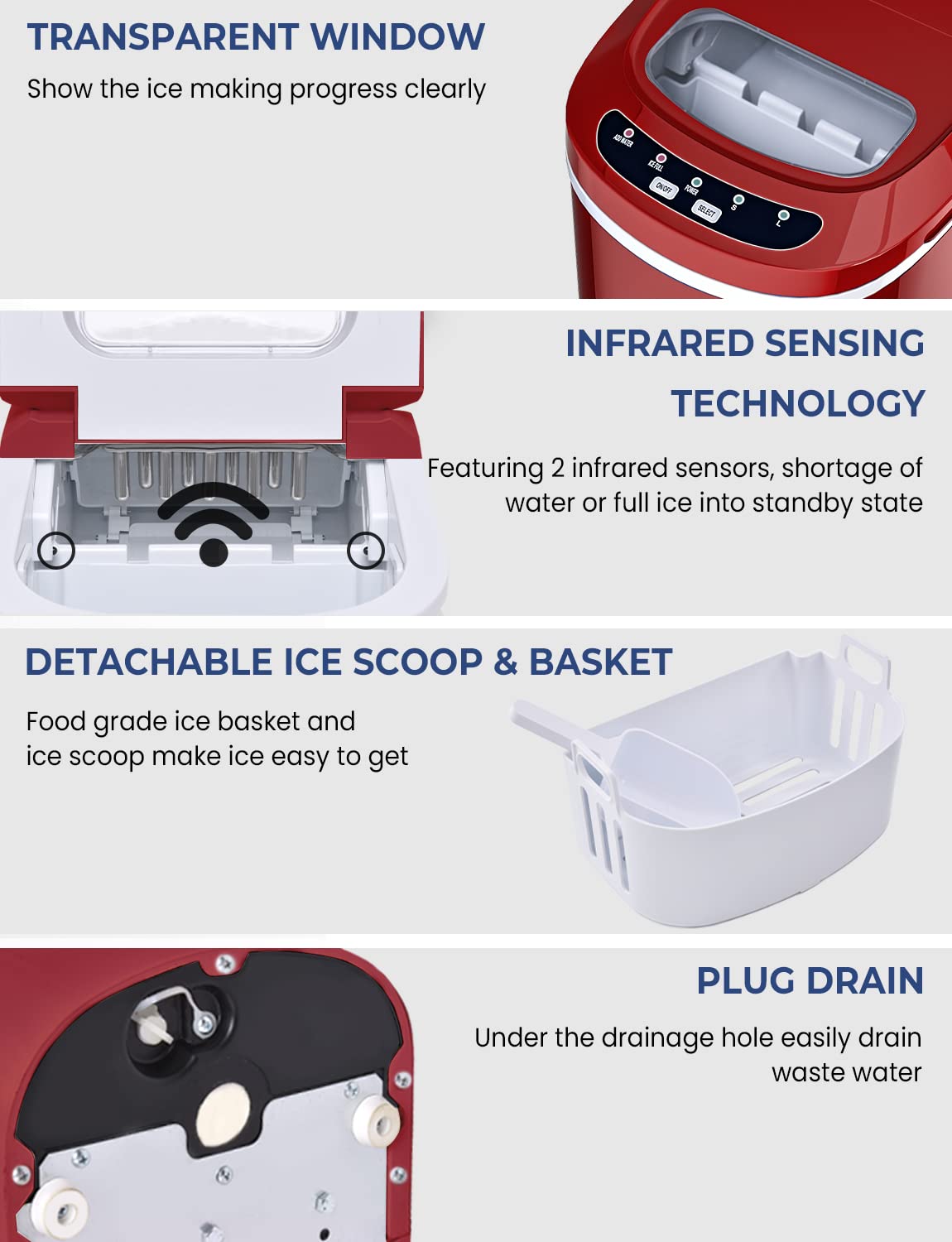 SIMOE Electric Ice Maker Machine for Countertop, 26-1/2 LBS/24 H Ice Making Machine with 9 Ice Cubes Ready in 6 Min, Portable Ice Cube Machine with Scope & Basket (Red)