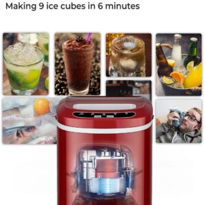 SIMOE Electric Ice Maker Machine for Countertop, 26-1/2 LBS/24 H Ice Making Machine with 9 Ice Cubes Ready in 6 Min, Portable Ice Cube Machine with Scope & Basket (Red)