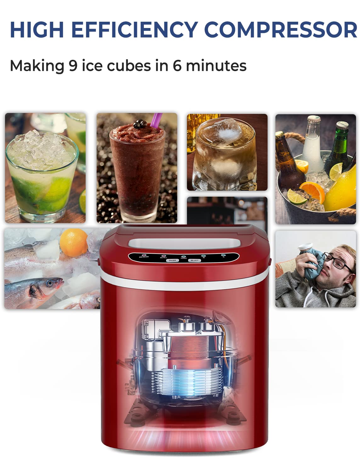 SIMOE Electric Ice Maker Machine for Countertop, 26-1/2 LBS/24 H Ice Making Machine with 9 Ice Cubes Ready in 6 Min, Portable Ice Cube Machine with Scope & Basket (Red)