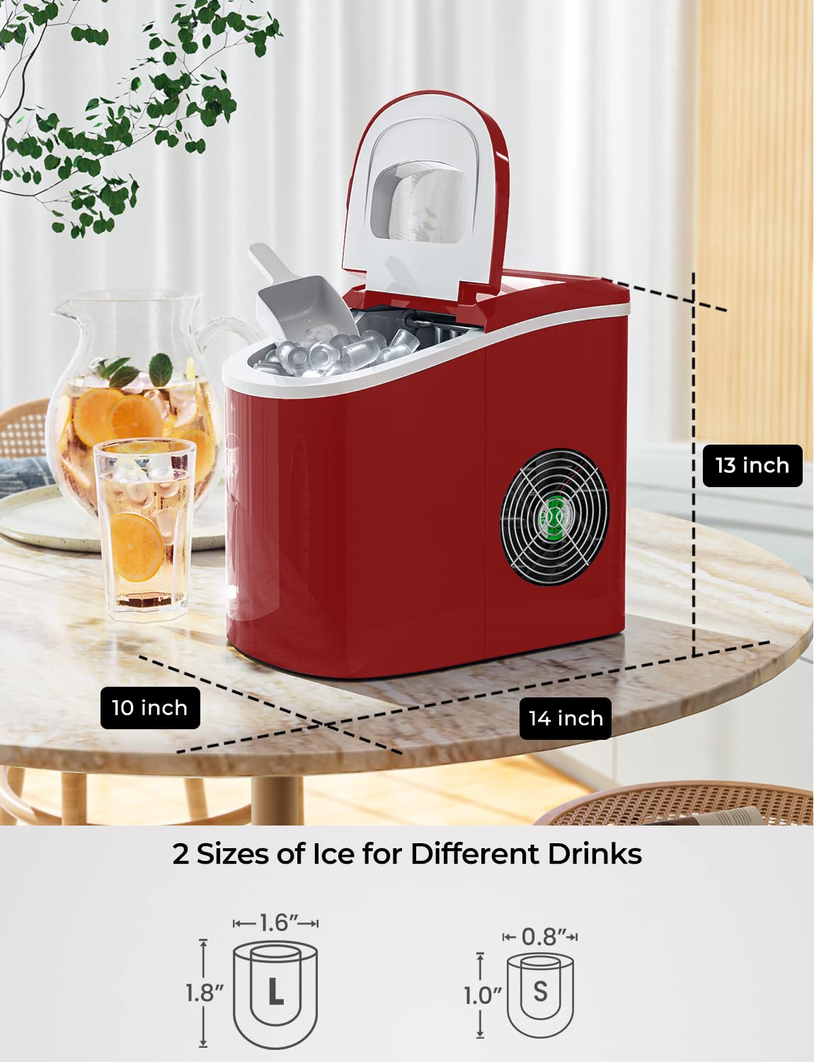 SIMOE Electric Ice Maker Machine for Countertop, 26-1/2 LBS/24 H Ice Making Machine with 9 Ice Cubes Ready in 6 Min, Portable Ice Cube Machine with Scope & Basket (Red)