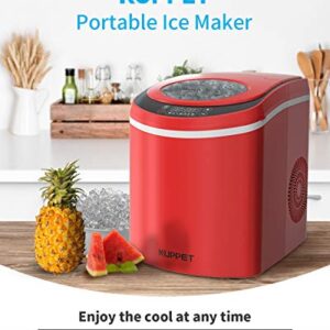 KUPPET Portable Ice Maker Machine for Countertop with LED Display Self-Cleaning Electric Ice Maker with Scoop and Basket, 9 Ice Cubes Ready in 6 mins, 26 lbs Ice in 24 hrs(Red)