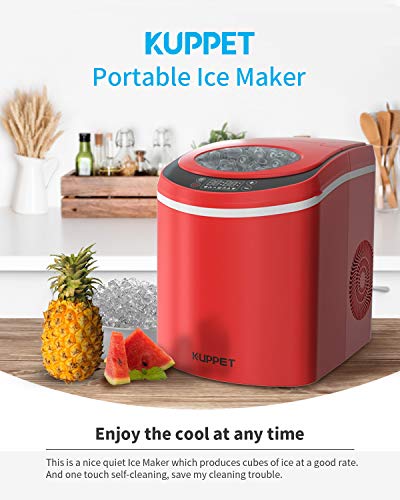 KUPPET Portable Ice Maker Machine for Countertop with LED Display Self-Cleaning Electric Ice Maker with Scoop and Basket, 9 Ice Cubes Ready in 6 mins, 26 lbs Ice in 24 hrs(Red)