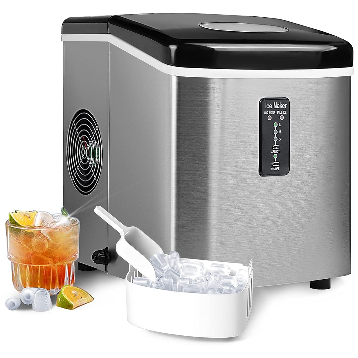 Ice Maker Machine Countertop Stainless Steel |Compact Ice Maker, ‎3 Size Bullet Ice Ready in 8 Mins, 30Lbs/24H, Portable Ice Cube Maker with Scoop Basket, for Home/Kitchen/Office/Bar