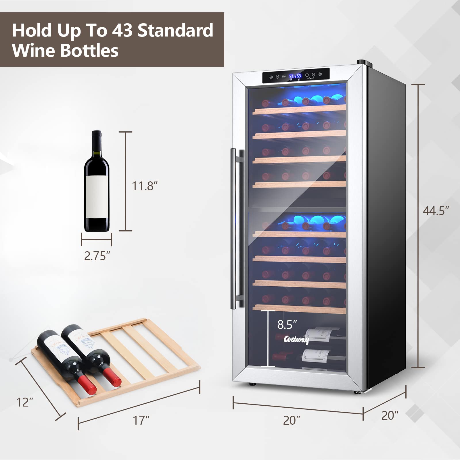 COSTWAY 20-Inch Wine Cooler Refrigerator, Dual Zone Wine Fridge with 8 Wooden Shelves for 43 Bottles of Wine, Freestanding Wine & Beverage Refrigerator for Home Office Bar