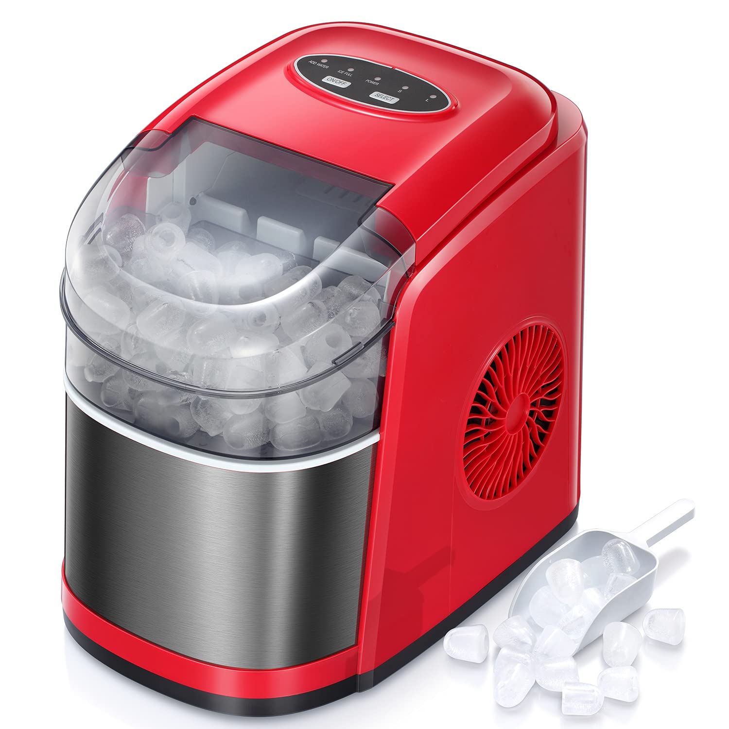 LHRIVER Countertop Ice Maker, 26Lbs/24H Portable Ice Maker with Self-Cleaning Function, 2 Size Optional, Compact Ice Machine for Home/Office/Bar (Black and Red)