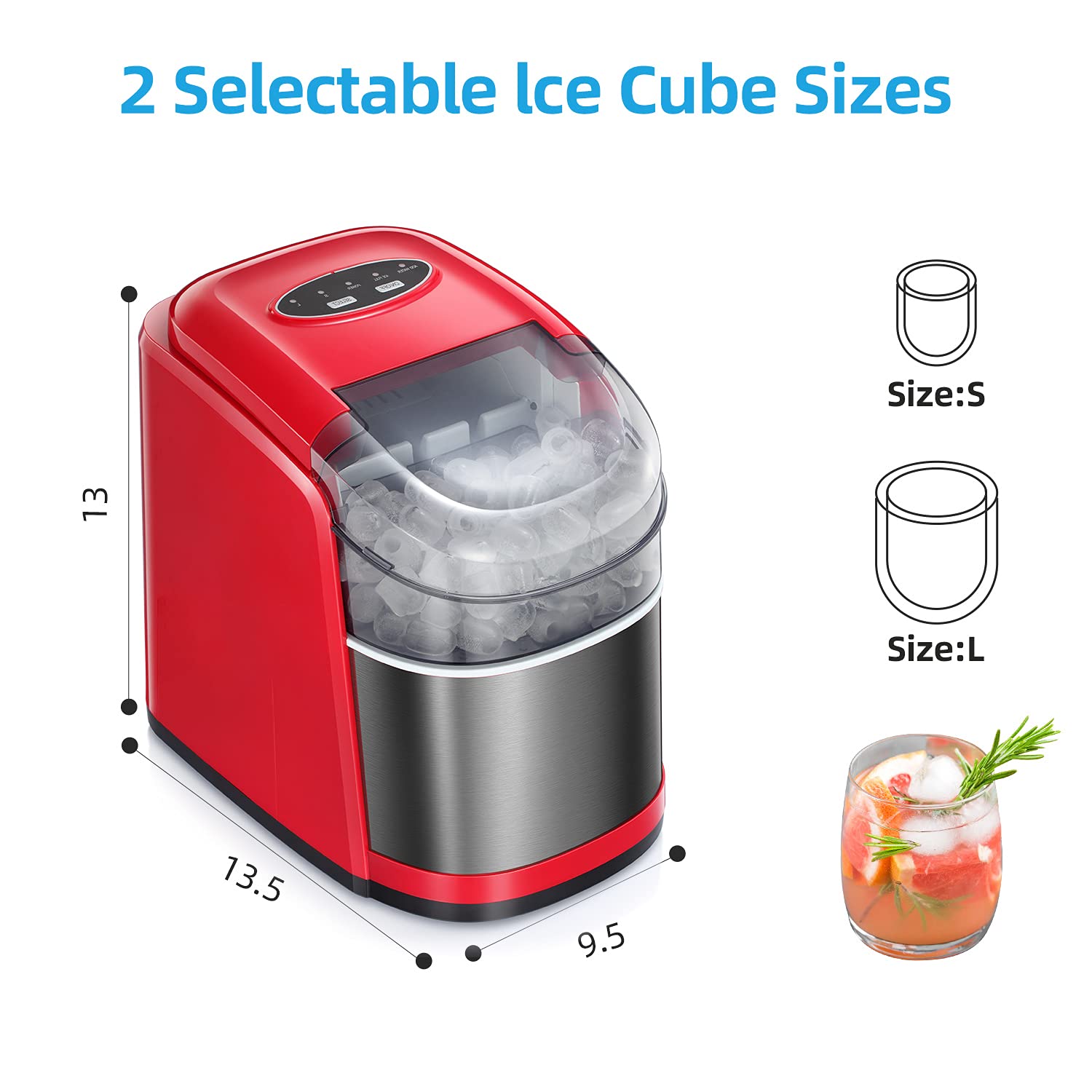 LHRIVER Countertop Ice Maker, 26Lbs/24H Portable Ice Maker with Self-Cleaning Function, 2 Size Optional, Compact Ice Machine for Home/Office/Bar (Black and Red)