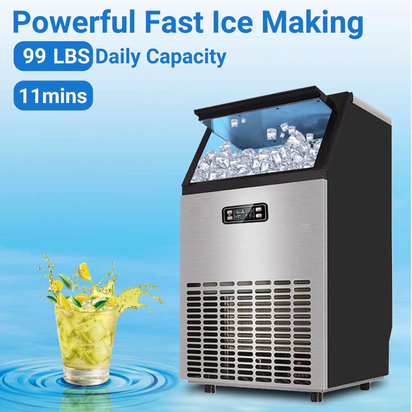 Techomey Commercial Ice Maker, 99Lbs/24H Under Counter Ice Machine, Auto-Clean Freestanding Ice Maker Machine with Fast Making Ice, Stainless Steel, Silver