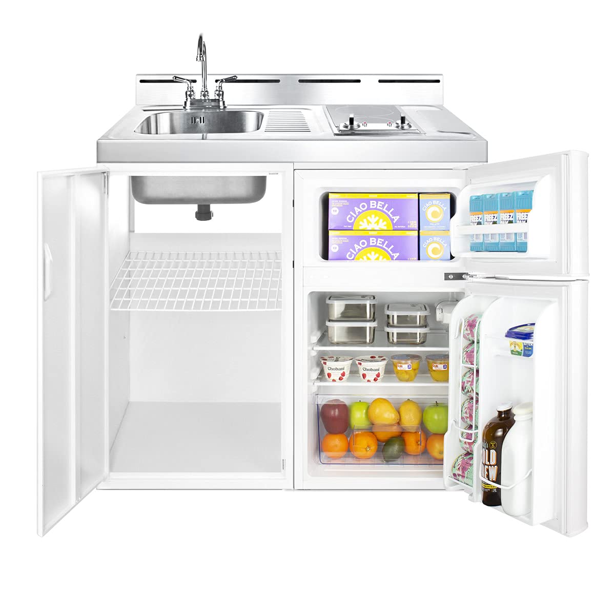 Summit C39ELGLASS 39"" All-In-One Kitchenette with 2 Element Smooth-top Cooktop Refrigerator-Freezer Stainless Steel Sink and Storage Cabinet in White