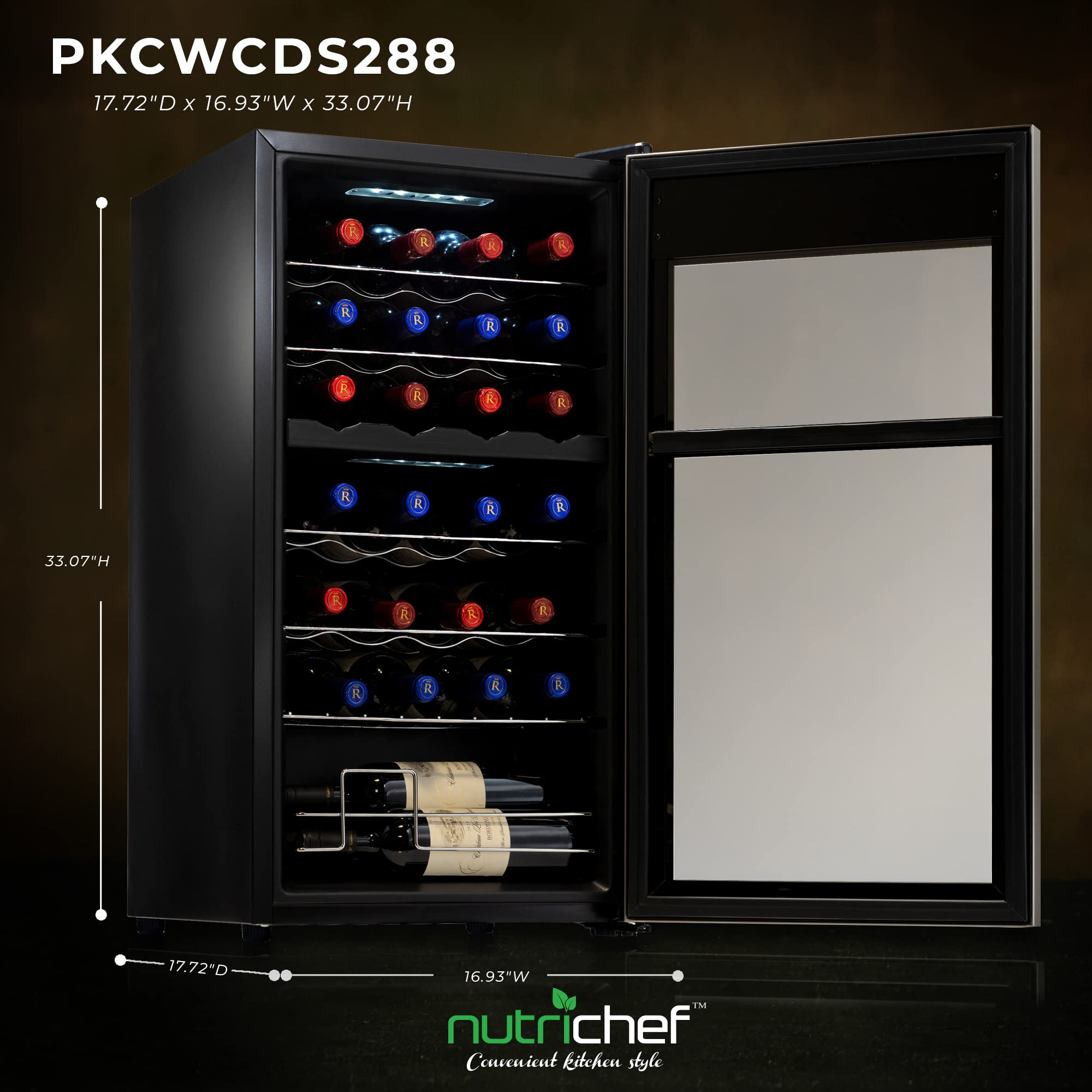 NutriChef PKCWCDS288 Compressor Cooler Refrigerator Cooling System | Large Freestanding Wine Cellar Fridge For Red White Champagne or Sparkling, Glass Door, 28 Bottle Dual Zone-Stainless Steel