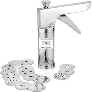 will and weaves stainless steel kitchen press with 15 different types of jalies, makhani murruku maker/bhujiya maker/noodles/cookies/chakli/namkeen/murukku/sev maker