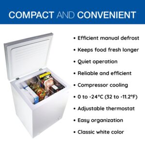 Koolatron Compact Chest Freezer, 3.5 cu ft (99L), White, Manual Defrost Deep Freeze, Storage Basket, Space-Saving Flat Back, Stay-Open Lid, Front-Access Defrost Drain, for Apartment, Condo, Cottage