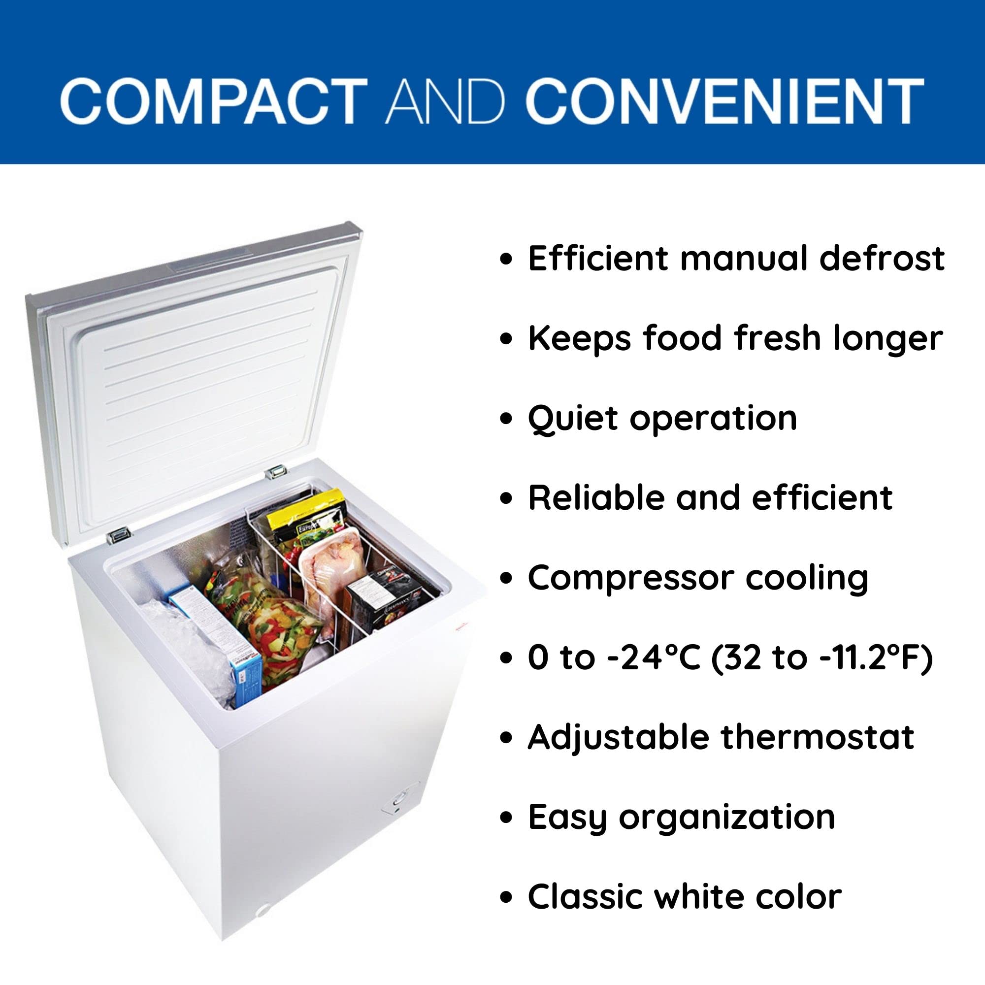 Koolatron Compact Chest Freezer, 3.5 cu ft (99L), White, Manual Defrost Deep Freeze, Storage Basket, Space-Saving Flat Back, Stay-Open Lid, Front-Access Defrost Drain, for Apartment, Condo, Cottage