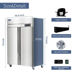 ICECASA 48" W Commercial Refrigerator Reach-in 36 Cu.ft 2 Solid Door Stainless Steel Commercial Refrigerator Fan Cooling for Restuarant, Bar, Shop, etc