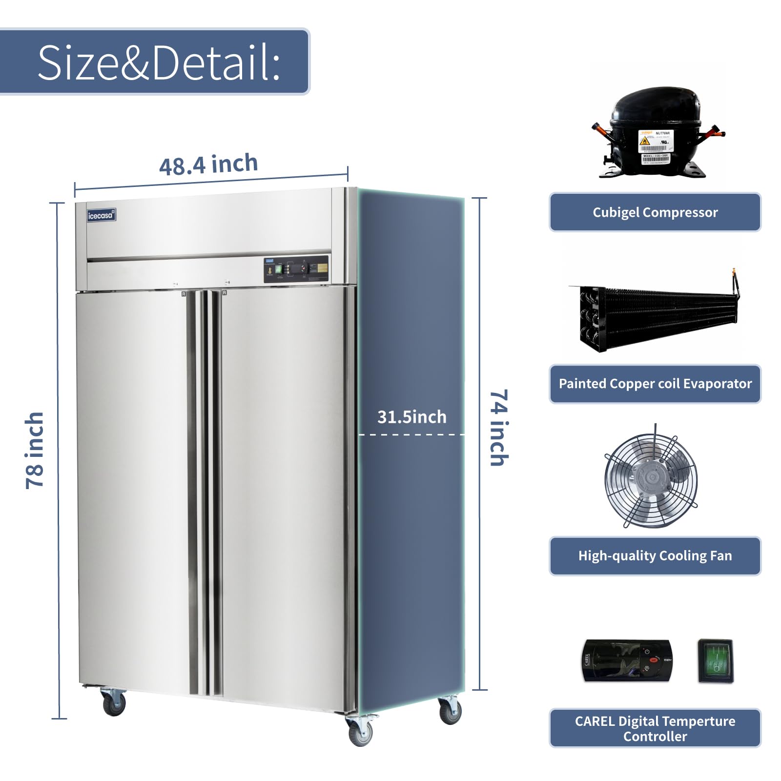 ICECASA 48" W Commercial Refrigerator Reach-in 36 Cu.ft 2 Solid Door Stainless Steel Commercial Refrigerator Fan Cooling for Restuarant, Bar, Shop, etc