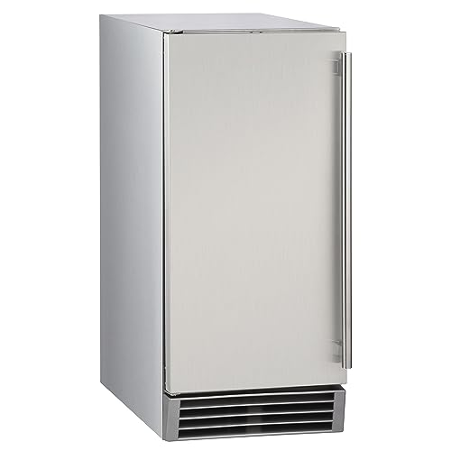 Maxx Ice MIM50P-O Indoor Outdoor Energy Star Built-in Under Counter Clear Ice Maker Machine with Drain Pump Reversible Door 65 Pound Production and 25 Pound Storage Capacity, 14.6" Wide, Silver