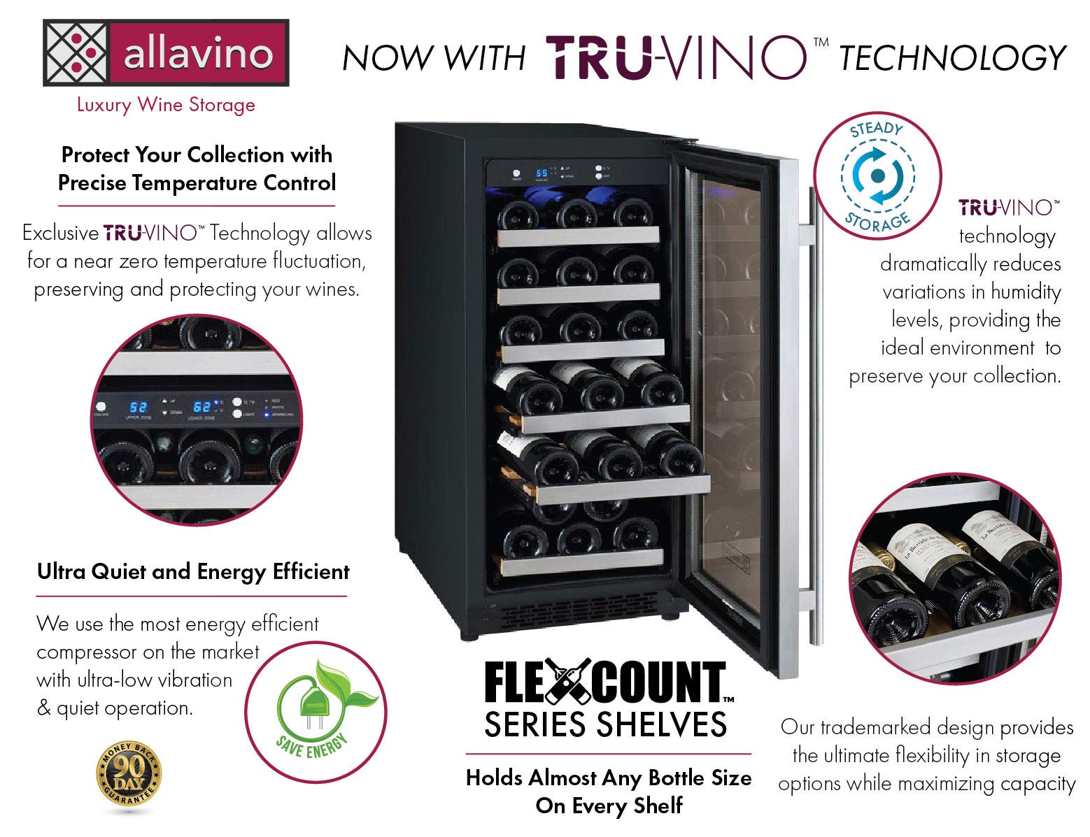 Allavino 15" Wide FlexCount II Tru-Vino 30 Bottle Single Zone Stainless Steel Right Hinge Wine Refrigerator