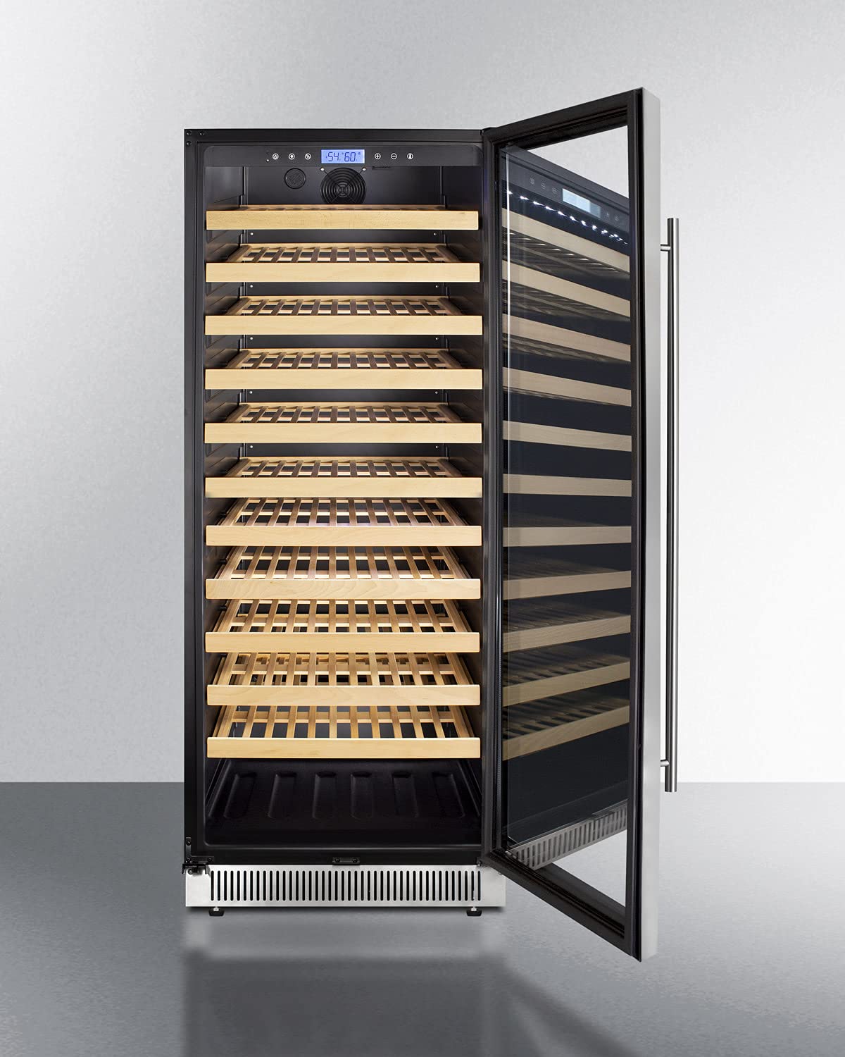 Summit Appliance SWC1127B 24" Wide Single Zone Wine Cellar; 127 bottles; Automatic Defrost; Digital Thermostat, Versatile storage; Wooden Shelving and Factory-Installed Lock