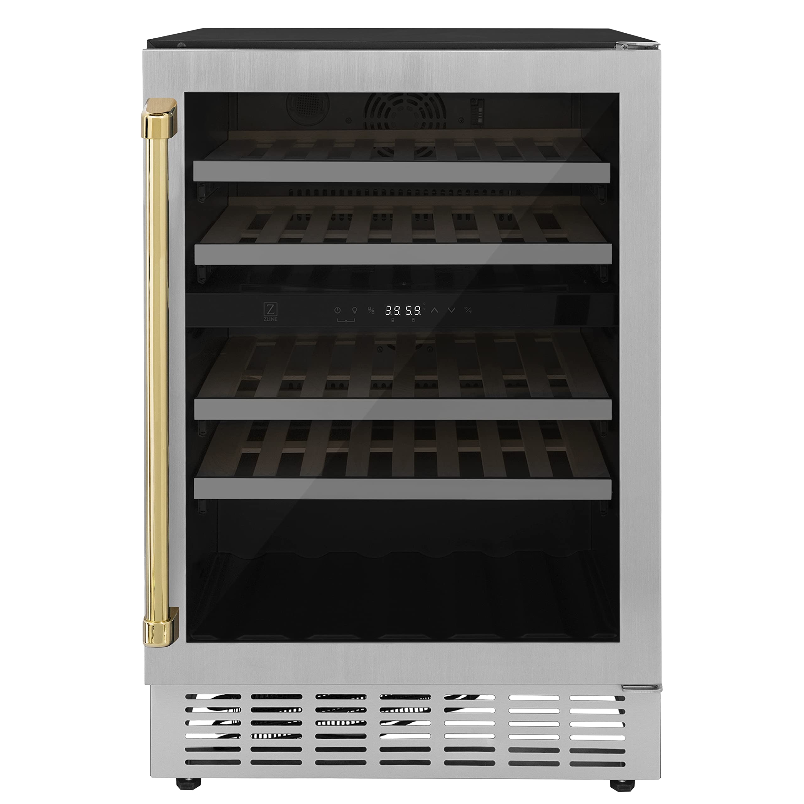 Z Line Kitchen and Bath ZLINE 24" Monument Autograph Edition Dual Zone 44-Bottle Wine Cooler in Stainless Steel with Polished Gold Accents (RWVZ-UD-24-G)