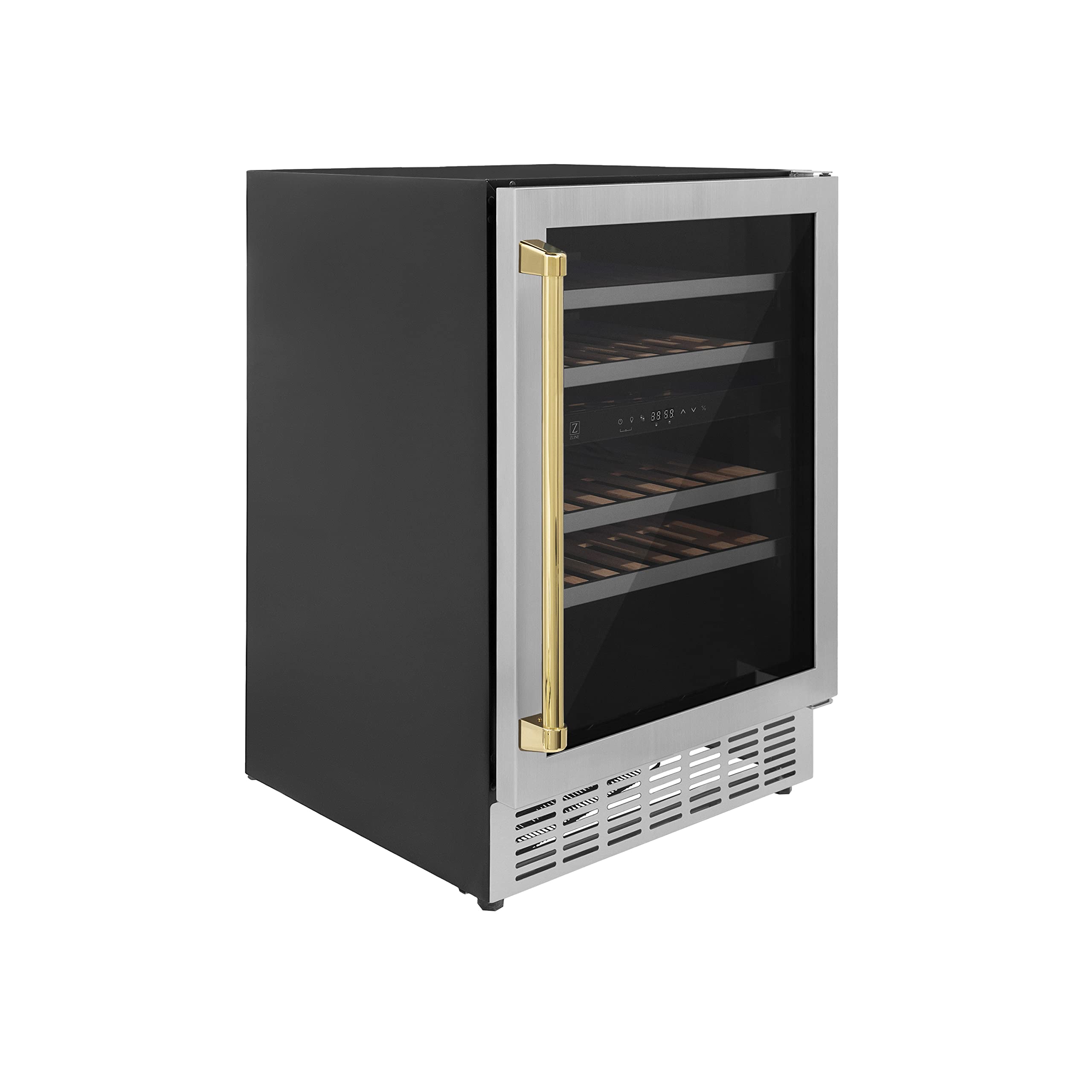 Z Line Kitchen and Bath ZLINE 24" Monument Autograph Edition Dual Zone 44-Bottle Wine Cooler in Stainless Steel with Polished Gold Accents (RWVZ-UD-24-G)