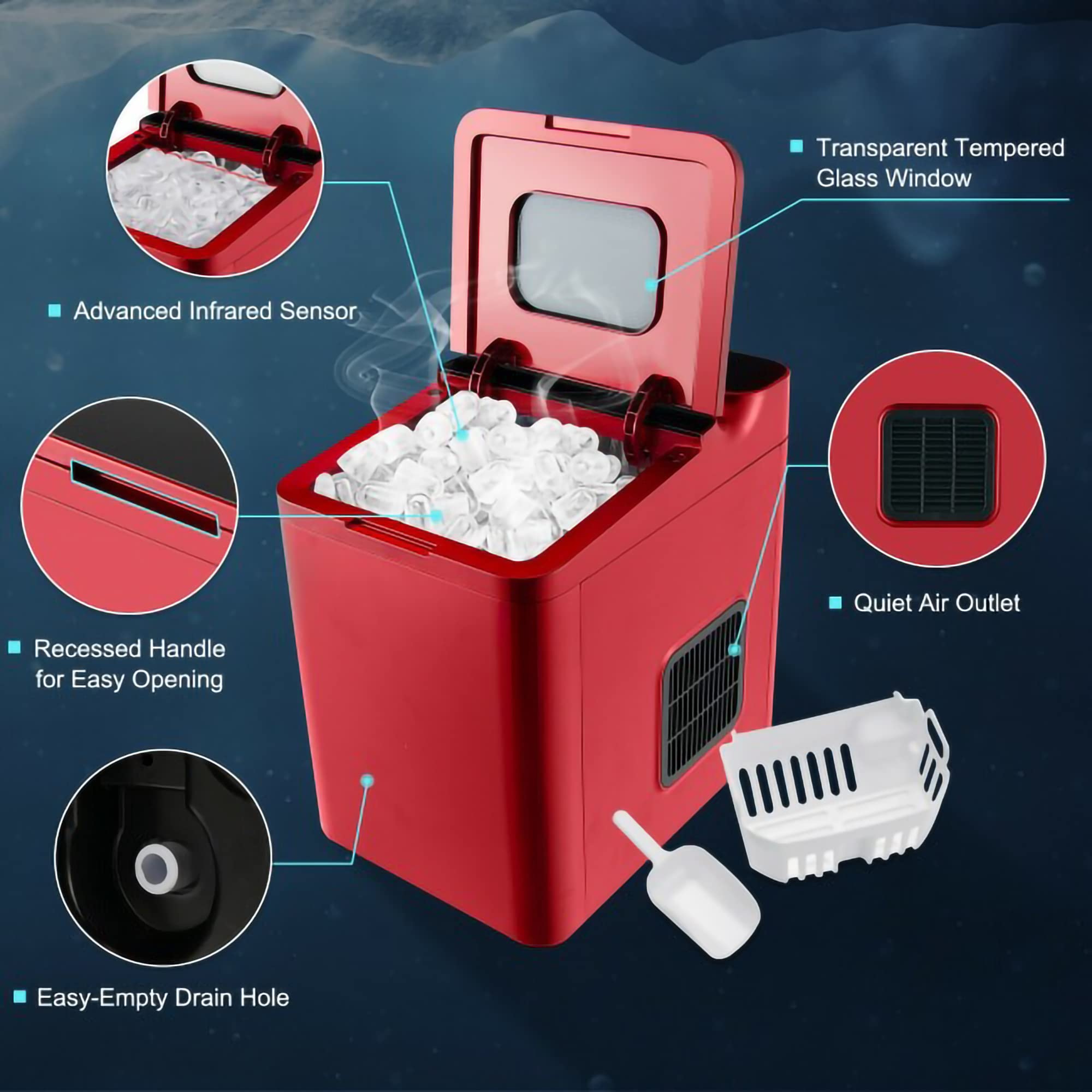 Ice Makers Countertop, Self-Cleaning Ice Maker with Ice Basket, 9pcs/ 6mins 33 LBS/24 H for Home/Office/Kitchen,Red