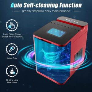 Ice Makers Countertop, Self-Cleaning Ice Maker with Ice Basket, 9pcs/ 6mins 33 LBS/24 H for Home/Office/Kitchen,Red