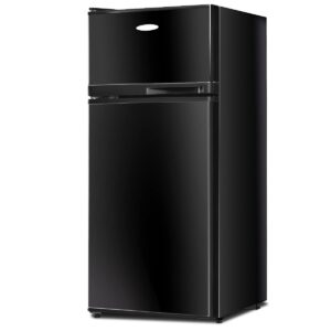 hysache double door compact refrigerator, mini fridge with top door freezer& adjustable temperature, electric food storage with removable shelves for bedroom, dorm, apartment, office (black)