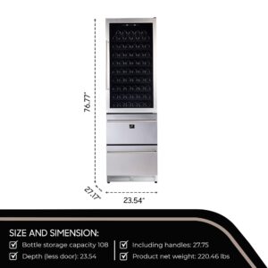 Forno Azienda 24” Inch. Freestanding Wine Cooler Fridge with Quiet Dual Temperature Monitor Zone, Double Layer Glass Door, Display Rack, Multiple Compartment 108 bottles, 55 cans