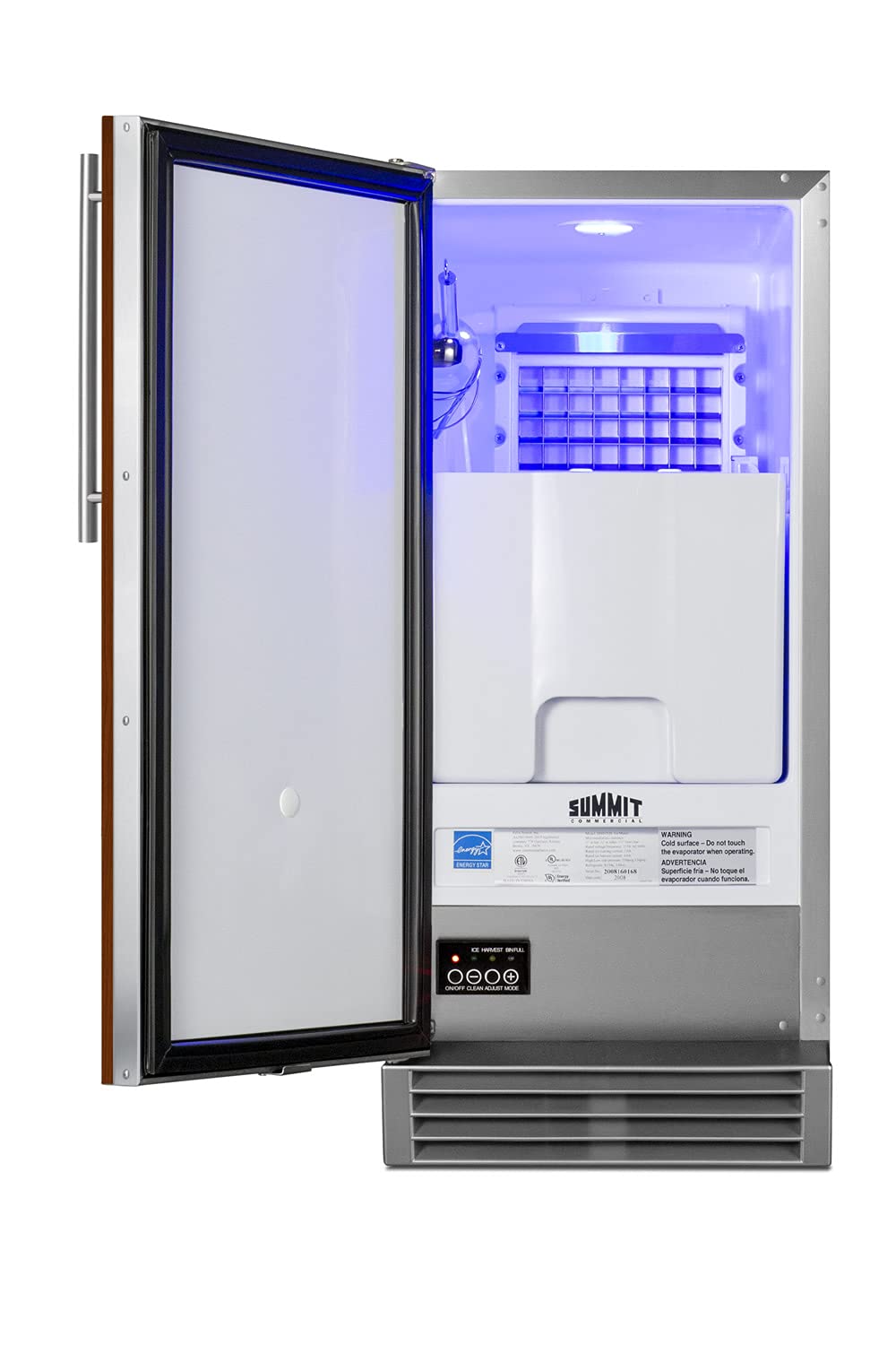 Summit Appliance BIM44GCSSIF Built-in 50 lb. Clear Icemaker; Commercially Approved; Interior Light; Built-in Pump; Leveling Legs; Automatic Defrost; Panel-Ready (Panel Not Included)