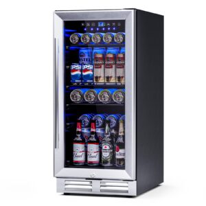 oralner 15“ beverage refrigerator cooler under counter-100 cans mini fridge built-in/freestanding drink fridge for soda beer, lockable glass door adjustable shelves, blue led light for kitchen bar