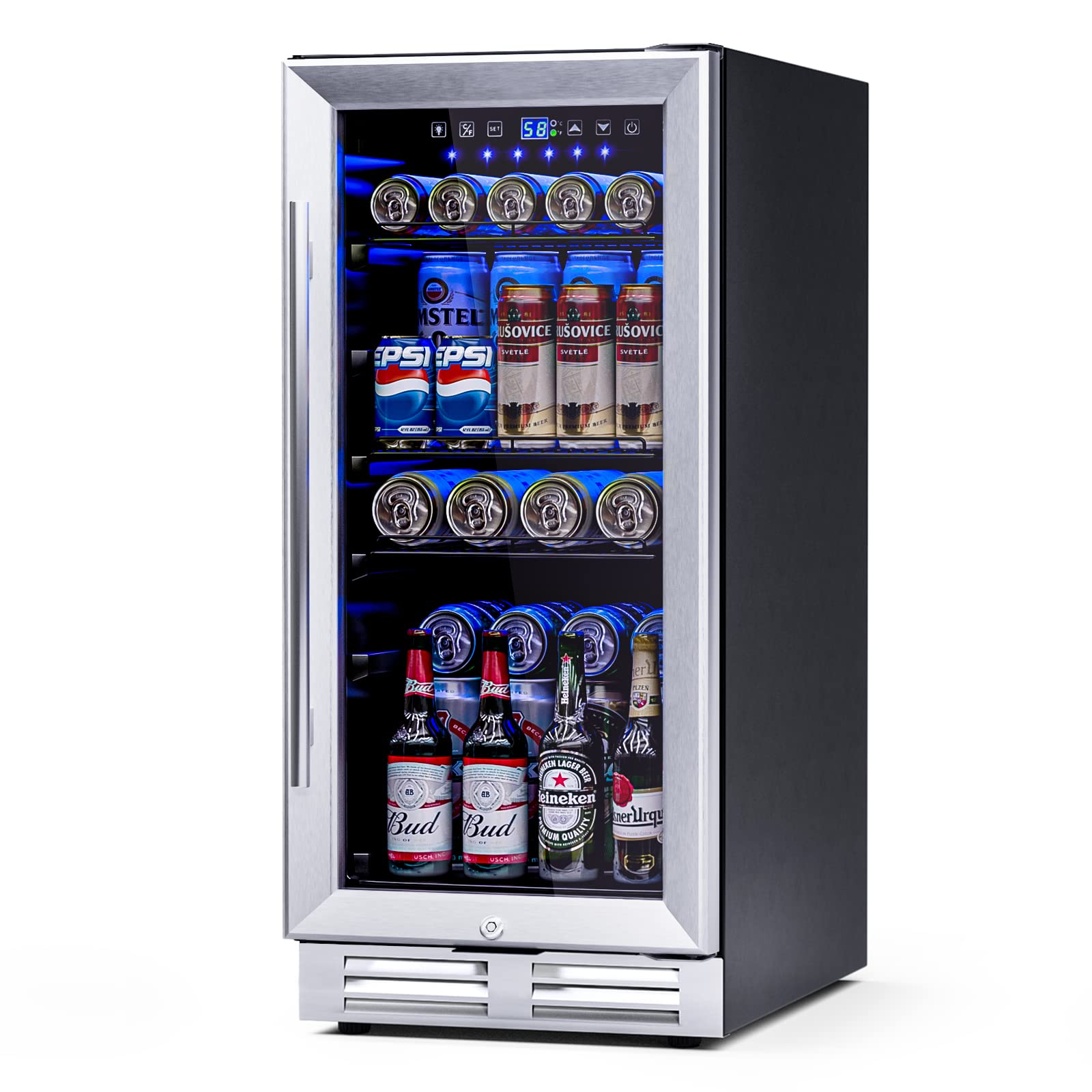 ORALNER 15“ Beverage Refrigerator Cooler Under Counter-100 Cans Mini Fridge Built-in/Freestanding Drink Fridge for Soda Beer, Lockable Glass Door Adjustable Shelves, Blue LED Light for Kitchen Bar