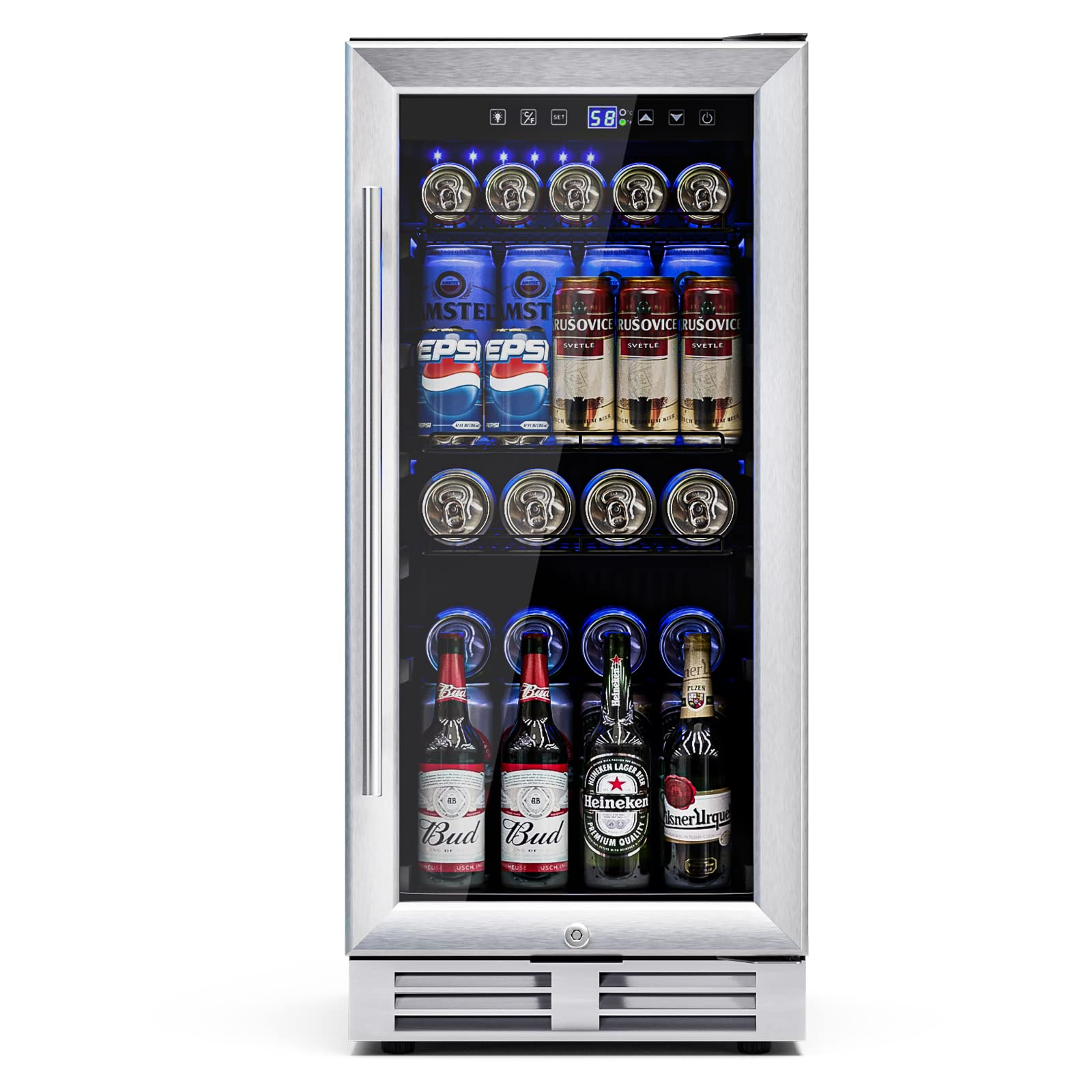 ORALNER 15“ Beverage Refrigerator Cooler Under Counter-100 Cans Mini Fridge Built-in/Freestanding Drink Fridge for Soda Beer, Lockable Glass Door Adjustable Shelves, Blue LED Light for Kitchen Bar