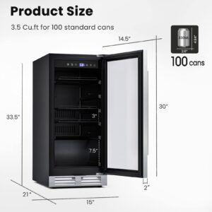 ORALNER 15“ Beverage Refrigerator Cooler Under Counter-100 Cans Mini Fridge Built-in/Freestanding Drink Fridge for Soda Beer, Lockable Glass Door Adjustable Shelves, Blue LED Light for Kitchen Bar