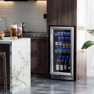 ORALNER 15“ Beverage Refrigerator Cooler Under Counter-100 Cans Mini Fridge Built-in/Freestanding Drink Fridge for Soda Beer, Lockable Glass Door Adjustable Shelves, Blue LED Light for Kitchen Bar