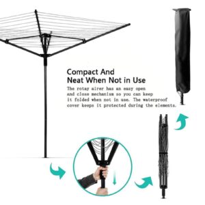 E-DONG Rotary Washing Line Cover, Waterproof Rotary Airer Cover Heavy Duty 210D Oxford Fabric Rotary Dryer Cover with Zip Rotary Clothes Line Cover, Anti-UV, Rip-Proof 168x30x30cm Black