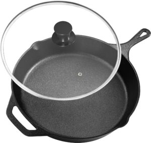 utopia kitchen pre-seasoned cast iron skillet with lid - 12 inch nonstick frying pan - safe indoor & outdoor grill cookware