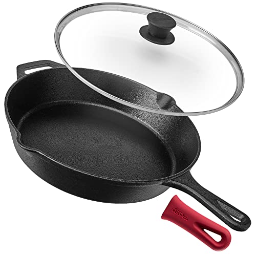 Cuisinel Cast Iron Skillet with Lid - 12"-Inch Frying Pan + Glass Cover + Silicone Handle Holder - Pre-Seasoned Oven Safe Cookware - Indoor/Outdoor Use - Grill, BBQ, Fire, Stovetop, Induction