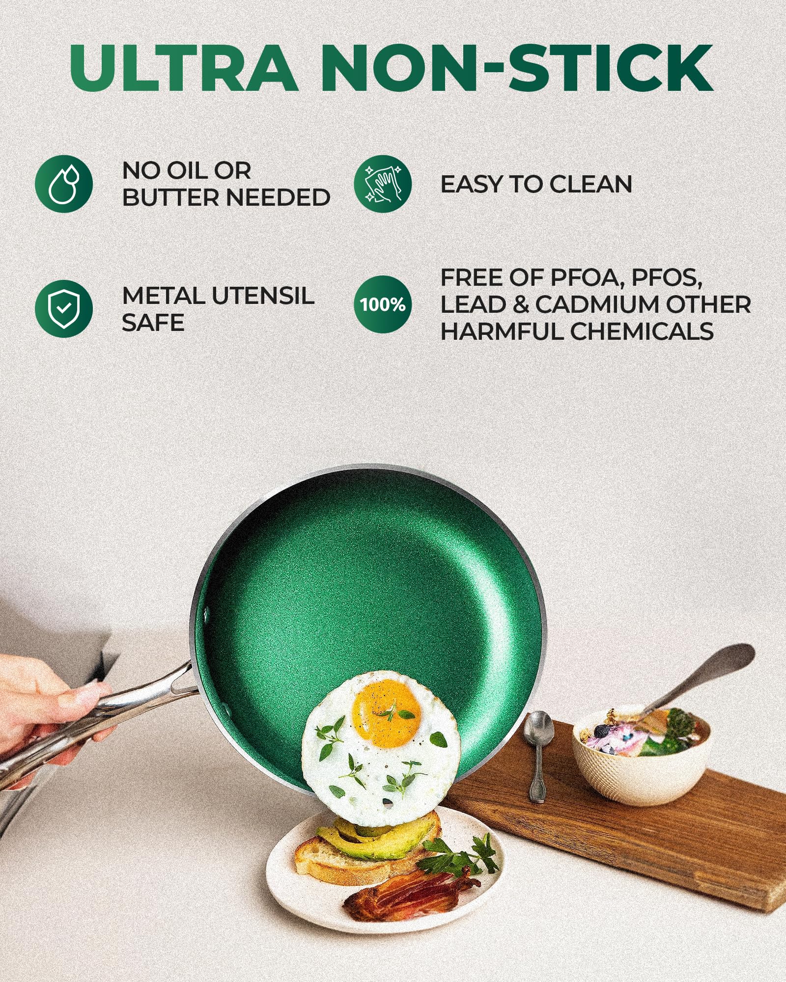 Granitestone 12 Inch Non Stick Frying Pans Nonstick Skillet, Long Lasting Nonstick Frying Pan for Cooking, Nonstick Pan with Mineral and Diamond Coating, Non Stick Pan, Oven/Dishwasher Safe - Emerald