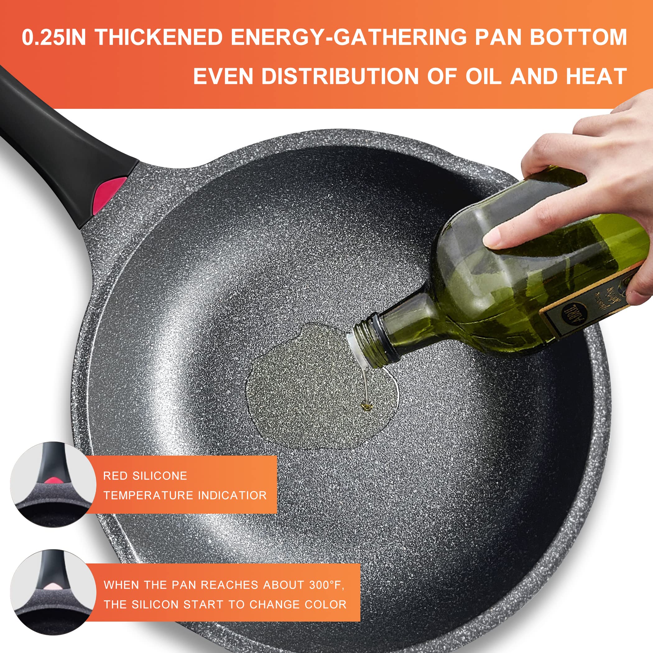 Vinchef Nonstick Skillet with Lid, 11In/5Qt Aluminum Deep Frying/Saute Pan with Lid and Heat Indicator, Anti Scratch and Anti Stain, Induction Compatible