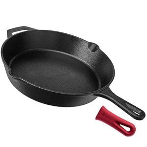 cuisinel cast iron skillet - 12"-inch frying pan with assist loop handle and pour spouts + silicone grip handle cover - preseasoned oven safe cookware - for indoor/outdoor, grill, stovetop use