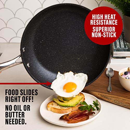 Granitestone Nonstick Fry Pan with Lid, 12-inch Skillet with Glass Cover, Dishwasher Safe, Warp Free and Stay Cool Handles, Black