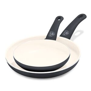 greenlife soft grip healthy ceramic nonstick 7" and 10" frying egg omeltte pan skillet set, pfas-free, dishwasher safe, black and cream