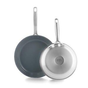 greenpan treviso stainless steel healthy ceramic nonstick, 9.5" and 11" frying pan skillet set, pfas-free,clad, induction, dishwasher safe, silver