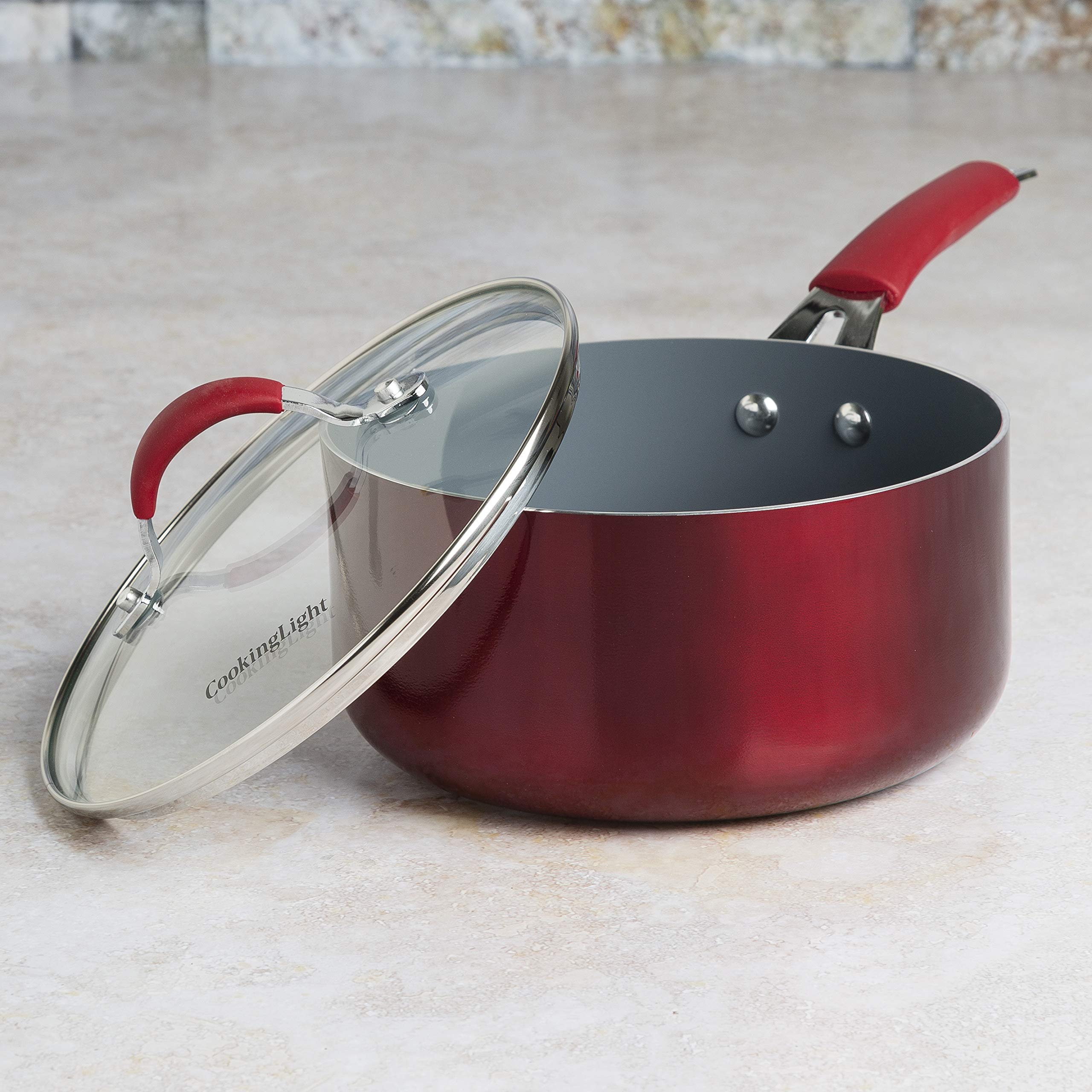 Cooking Light Allure Non-Stick Ceramic Cookware with Silicone Stay Cool Handle, 3 Quart Saucepan, Red