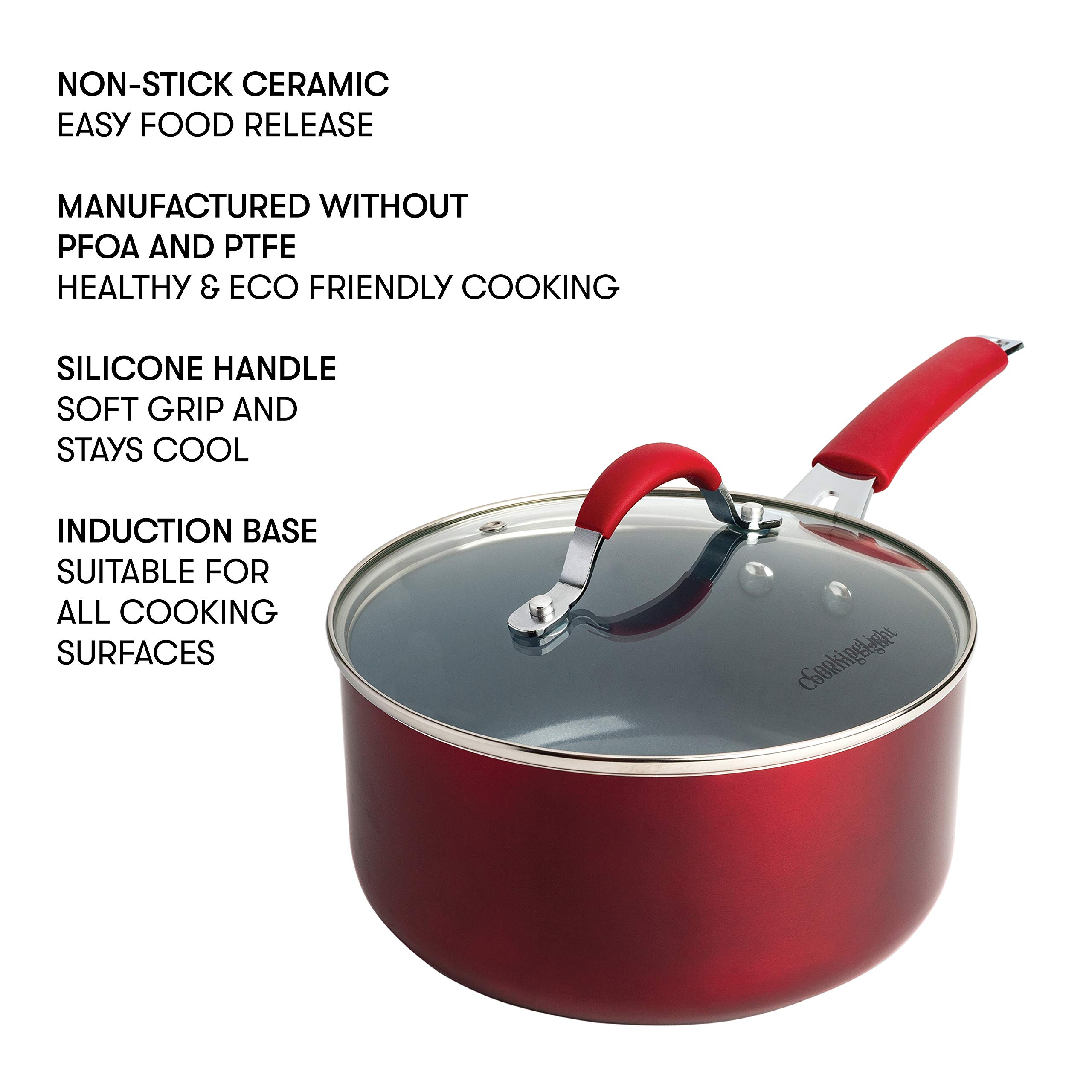 Cooking Light Allure Non-Stick Ceramic Cookware with Silicone Stay Cool Handle, 3 Quart Saucepan, Red