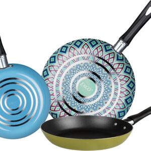 Ekco 3-Piece Frying Pan Set (7.1, 7.9 & 9.4 IN) For all Stovetops, Dishwasher Safe - Lightweight Aluminum Skillets, Non-Stick & Riveted Bakelite Handle (Photopaint Blue & Green) PFOA & PTFE Free