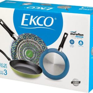 Ekco 3-Piece Frying Pan Set (7.1, 7.9 & 9.4 IN) For all Stovetops, Dishwasher Safe - Lightweight Aluminum Skillets, Non-Stick & Riveted Bakelite Handle (Photopaint Blue & Green) PFOA & PTFE Free