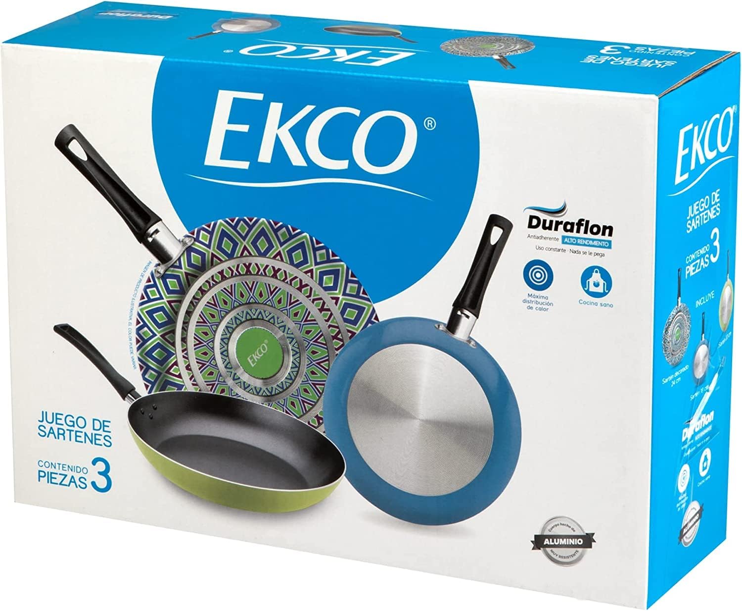 Ekco 3-Piece Frying Pan Set (7.1, 7.9 & 9.4 IN) For all Stovetops, Dishwasher Safe - Lightweight Aluminum Skillets, Non-Stick & Riveted Bakelite Handle (Photopaint Blue & Green) PFOA & PTFE Free