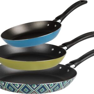 Ekco 3-Piece Frying Pan Set (7.1, 7.9 & 9.4 IN) For all Stovetops, Dishwasher Safe - Lightweight Aluminum Skillets, Non-Stick & Riveted Bakelite Handle (Photopaint Blue & Green) PFOA & PTFE Free